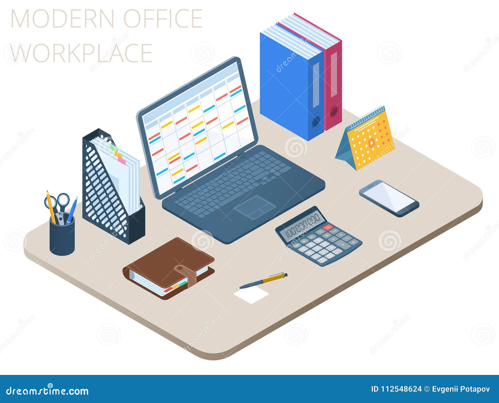 Flat Isometric Illustration of Workplace. Vector Work Desktop 3d ...