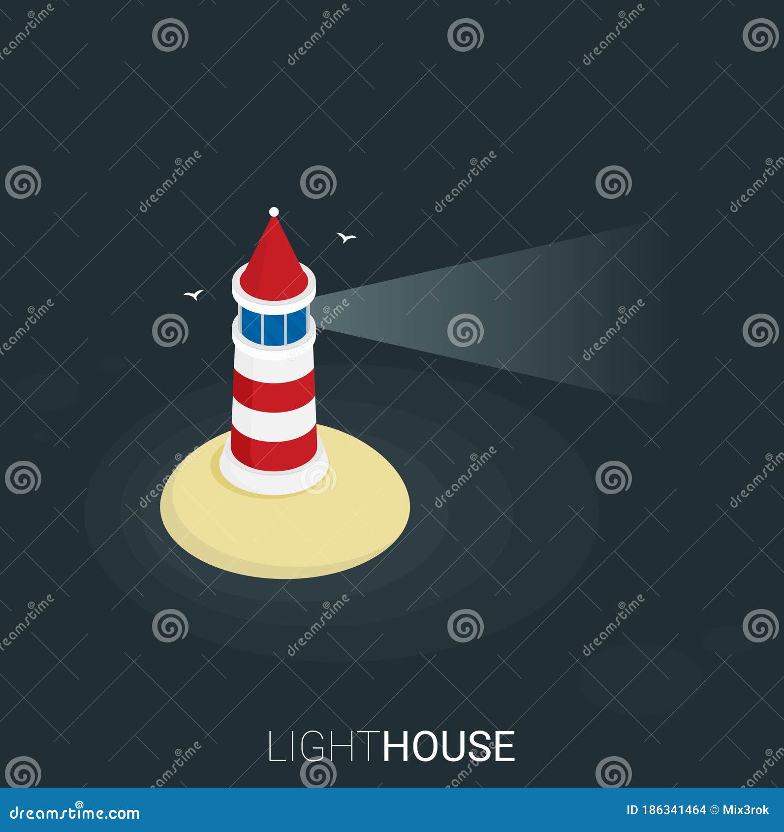 Flat Isometric Lighthouse Icon on Blue Sea, Illustration Vector ...