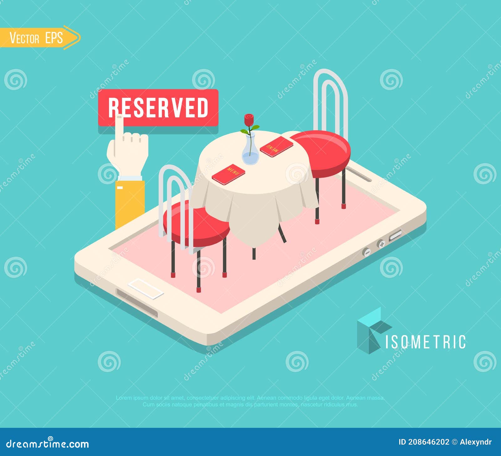 Flat Isometric Restaurant Table on Smartphone Vector Illustration. 3d ...