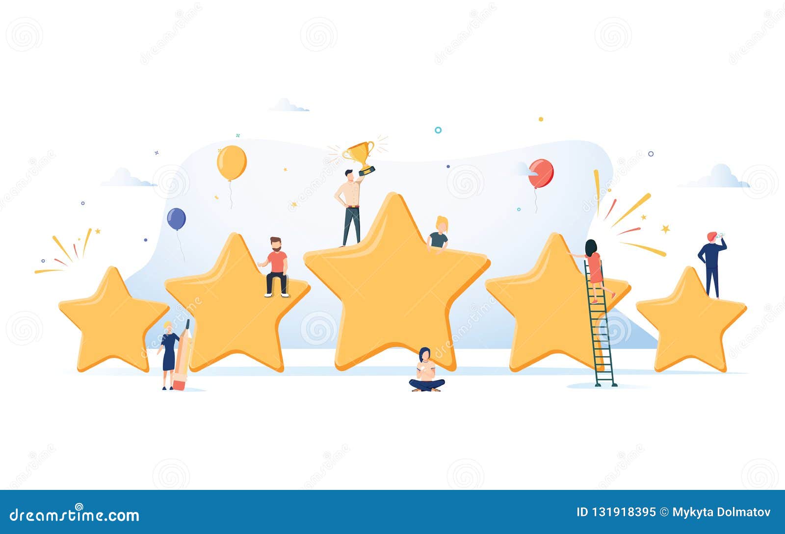 Flat Isometric Vector Concept of Five Stars, Best Rating, Customer ... Flat Isometric Vector Concept of Five Stars, Best Rating, Customer ...