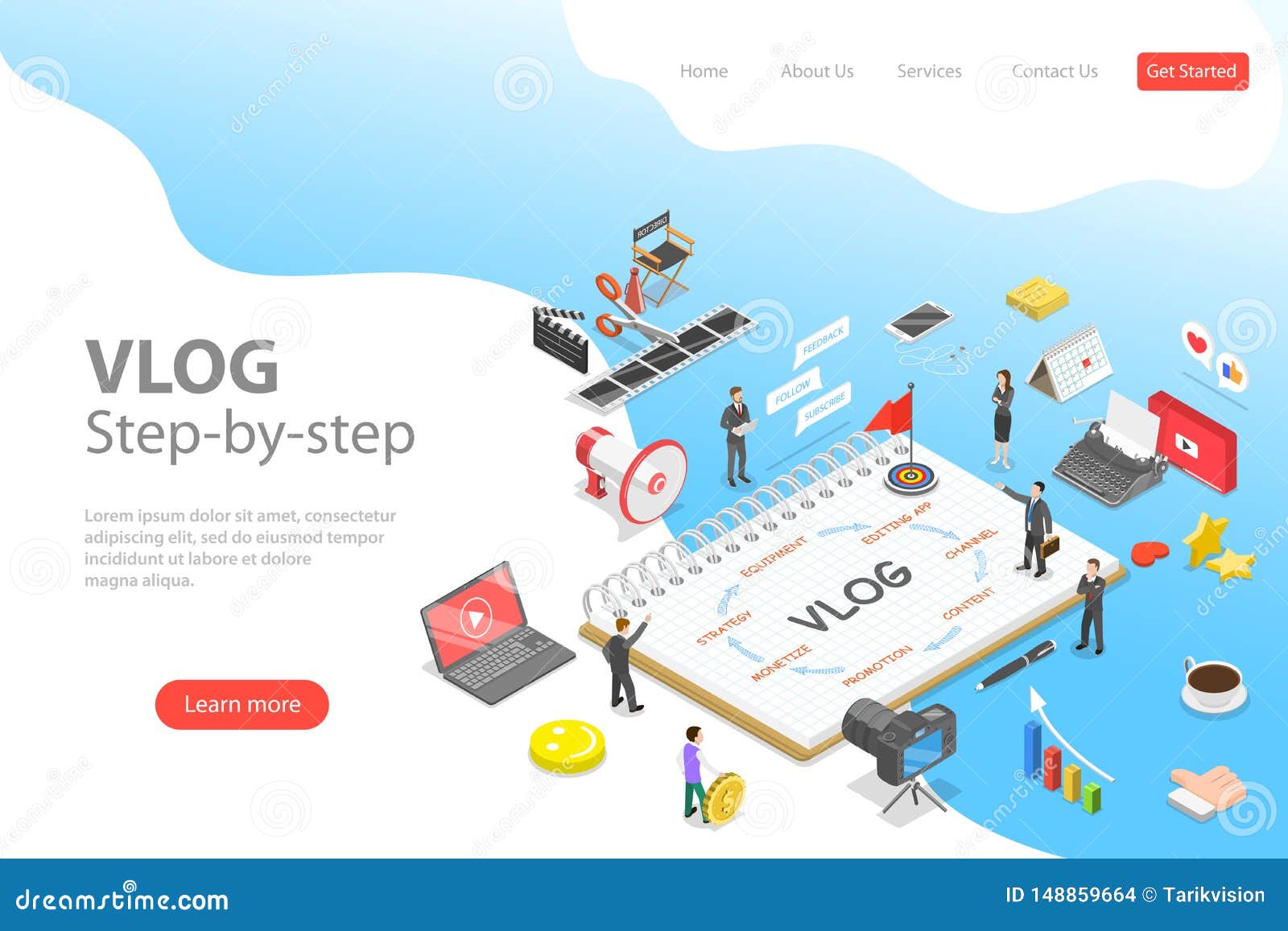 Flat Isometric Vector Landing Page Template of Video Blog Ste-by-step ...
