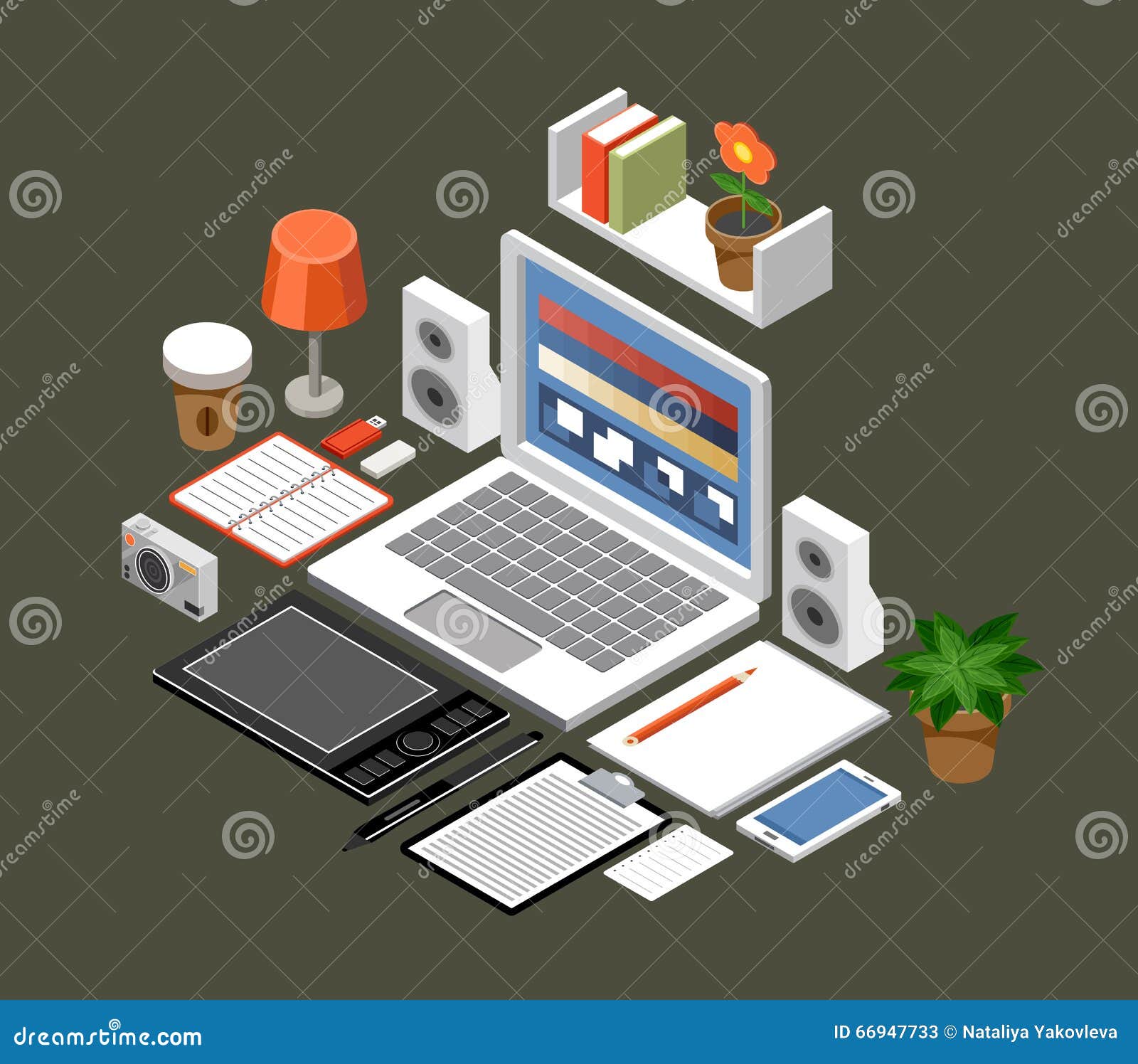 Flat Isometric Vector Workspace. Stock Vector - Illustration of laptop ...