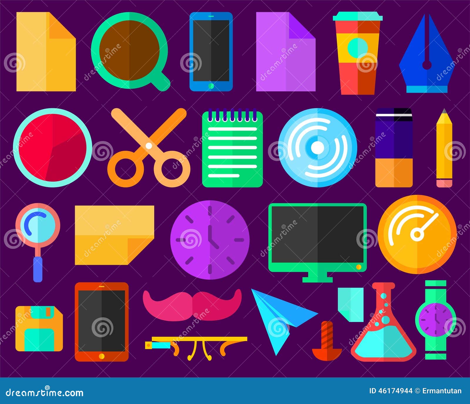 Flat Items stock vector. Illustration of clock, eraser - 46174944