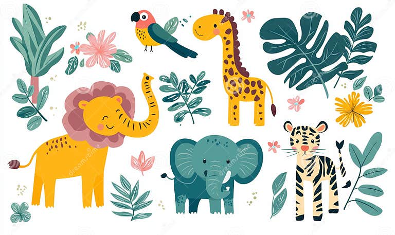 A Flat Jungle Element Set Collection with Wild Animals Drawn by Hand ...