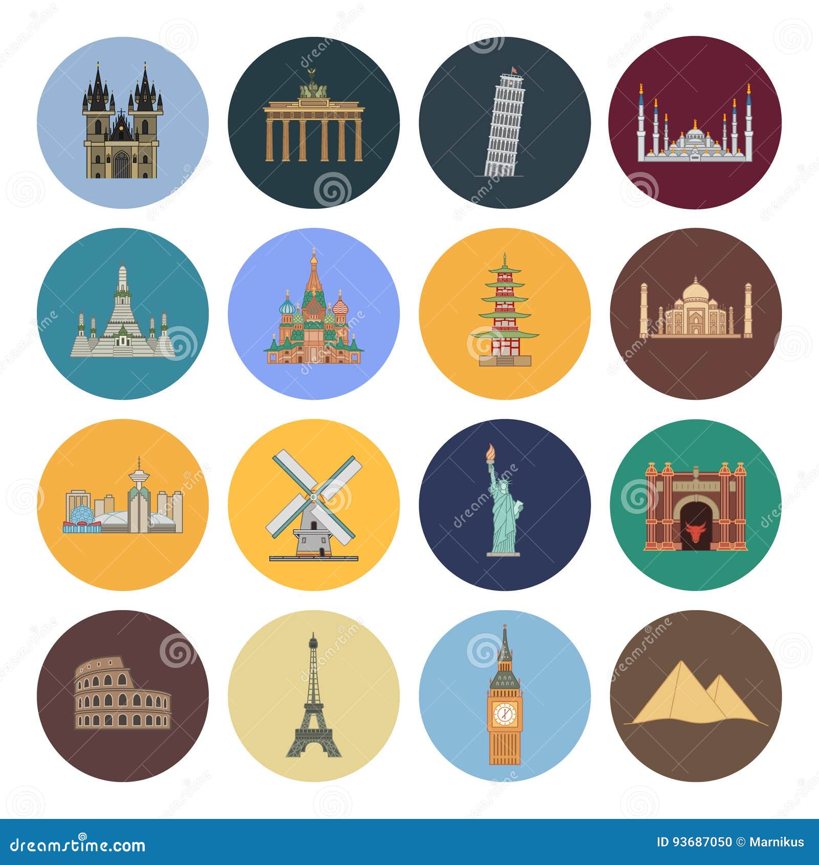 15 flat landmark icons stock vector. Illustration of flat - 93687050