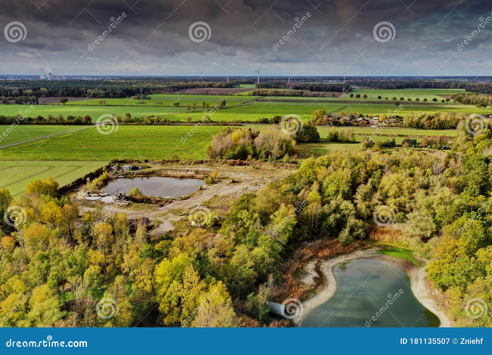 Flat Landscape with Green Fields and Artificial Ponds in Northern ...