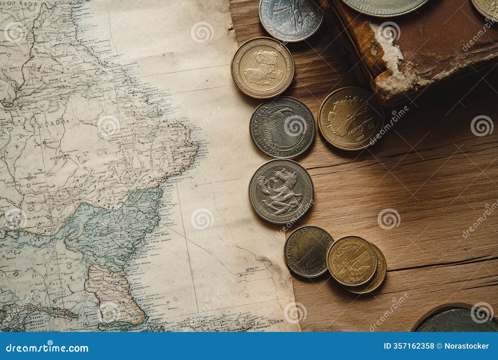 A Flat Lay of Ancient Coins and Maps on a Light Wooden Surface Stock ...