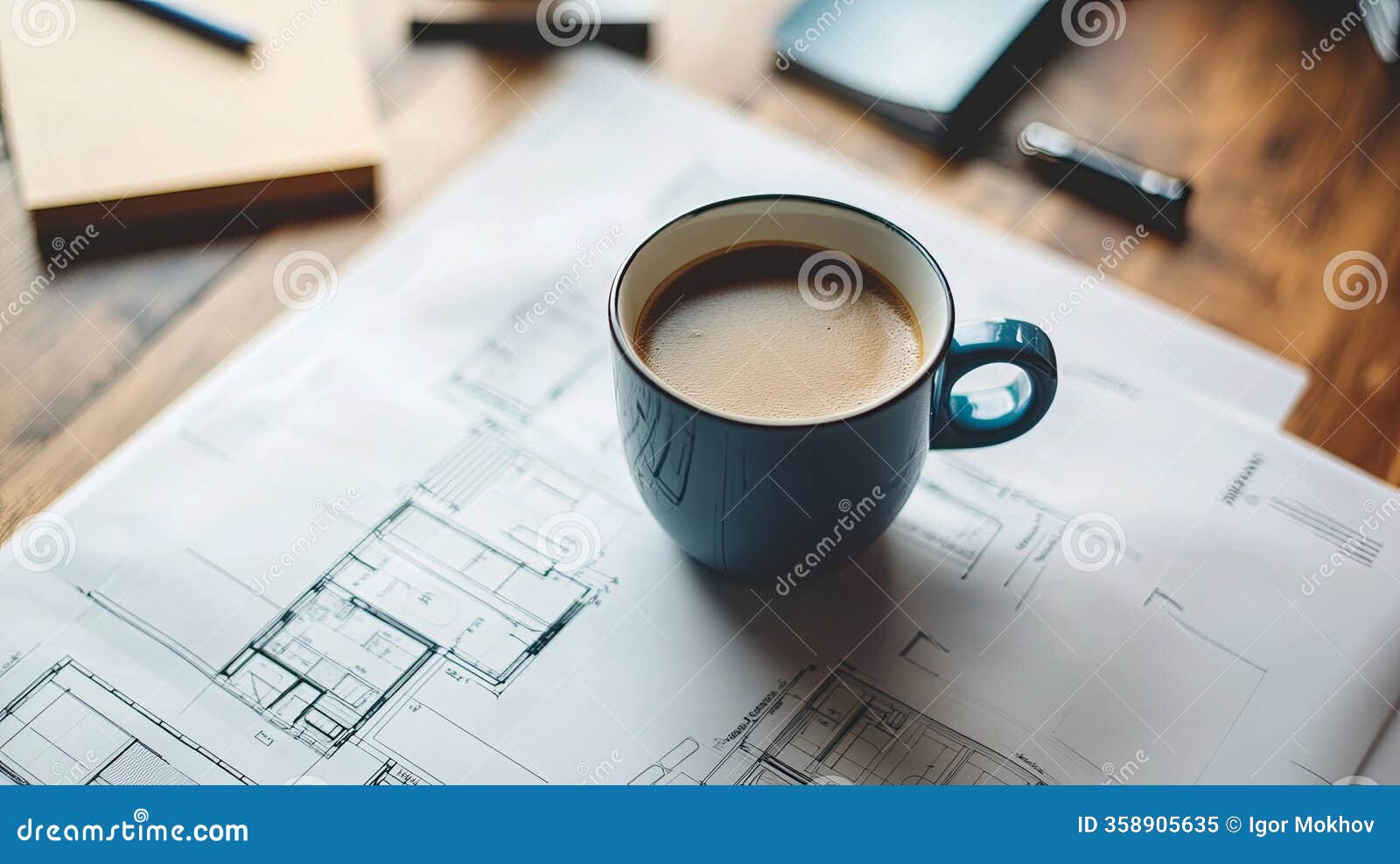 A Flat Lay of Architectural Plans, Swatches, and a Coffee Cup on a ...