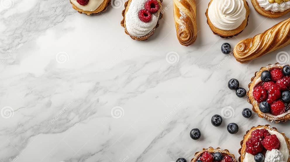 Flat Lay of Assorted Pastries and Berries on White Marble Background ...