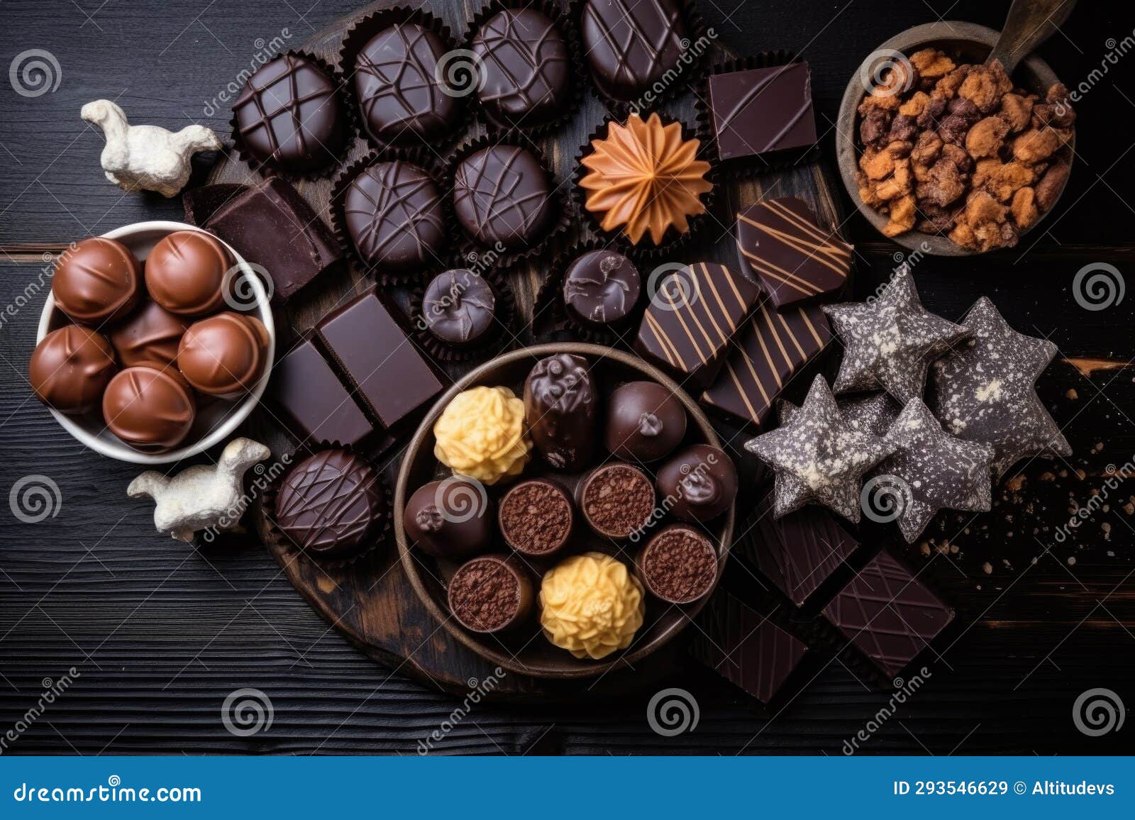 Assortment Of Chocolates With Nuts. Black And Milk Chocolate. Wooden On ...