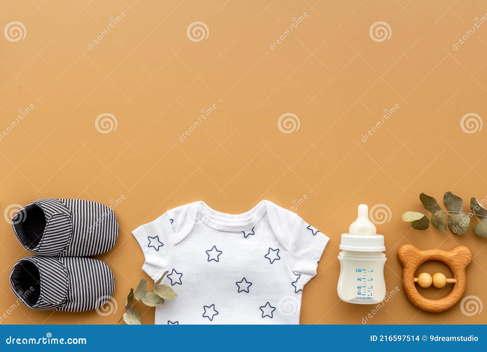 Flat Lay of Baby Boy Bodysuit with Malk Bottle. Baby Background Stock ...