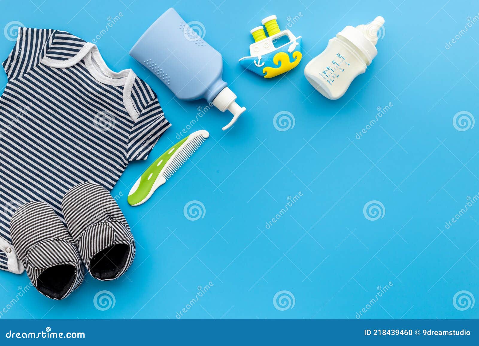Flat Lay of Baby Boy Bodysuit with Malk Bottle. Baby Background Stock ...