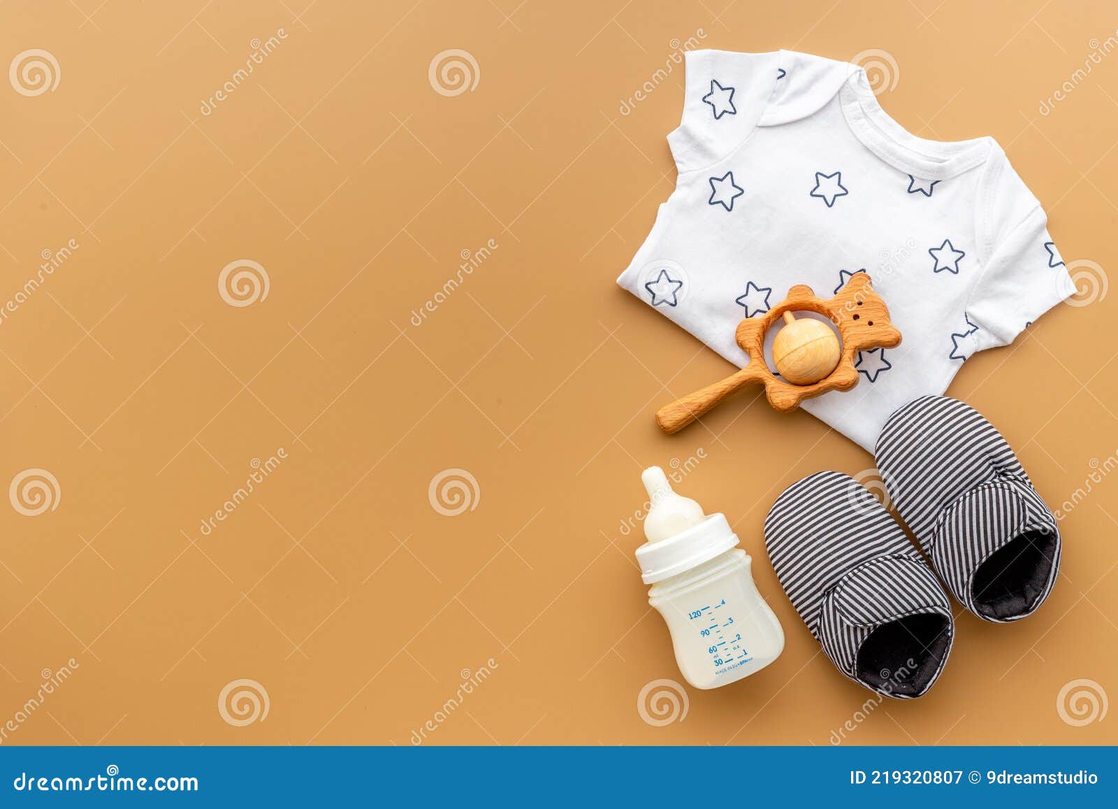 Flat Lay of Baby Boy Bodysuit with Malk Bottle. Baby Background Stock ...