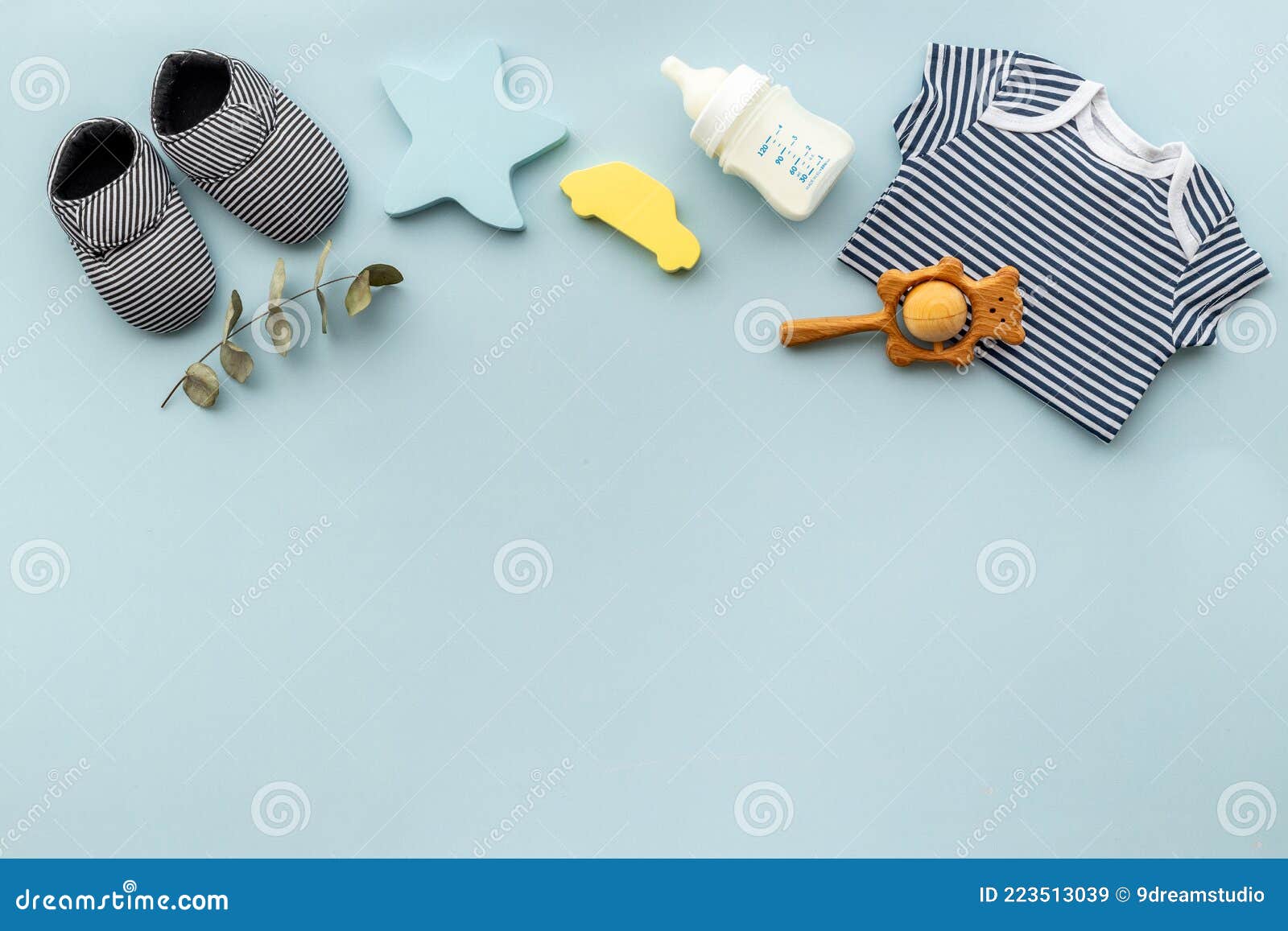 Flat Lay of Baby Boy Bodysuit with Malk Bottle. Baby Background Stock ...