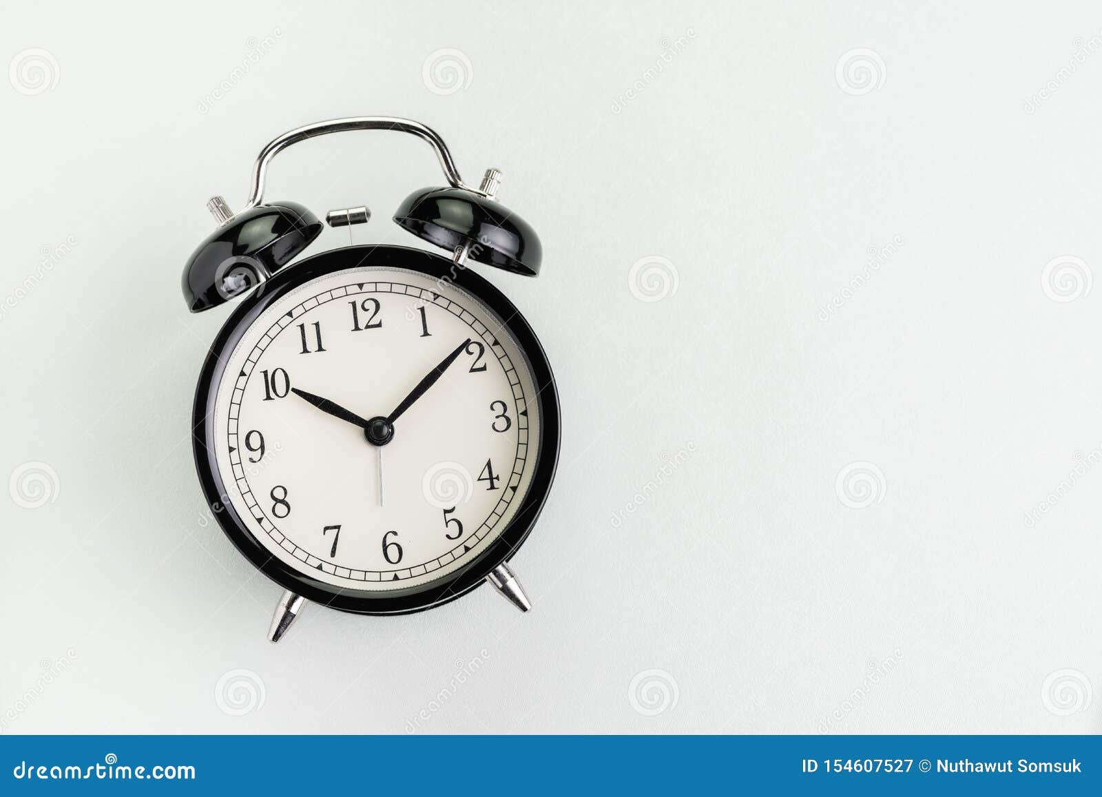 Flat Lay of Black Alarm Clock on Texture White Background with Copy ...
