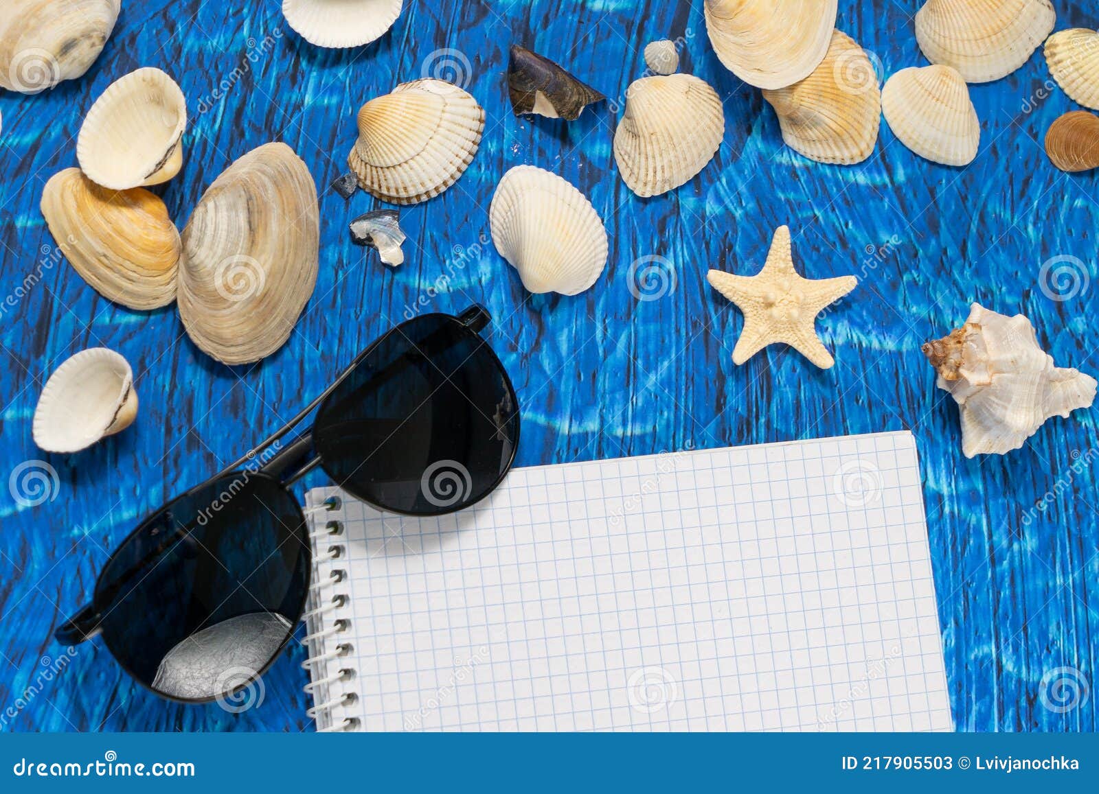 Flat Lay on Blue Background Blank Notebook Copy Space. Summer Plans ...