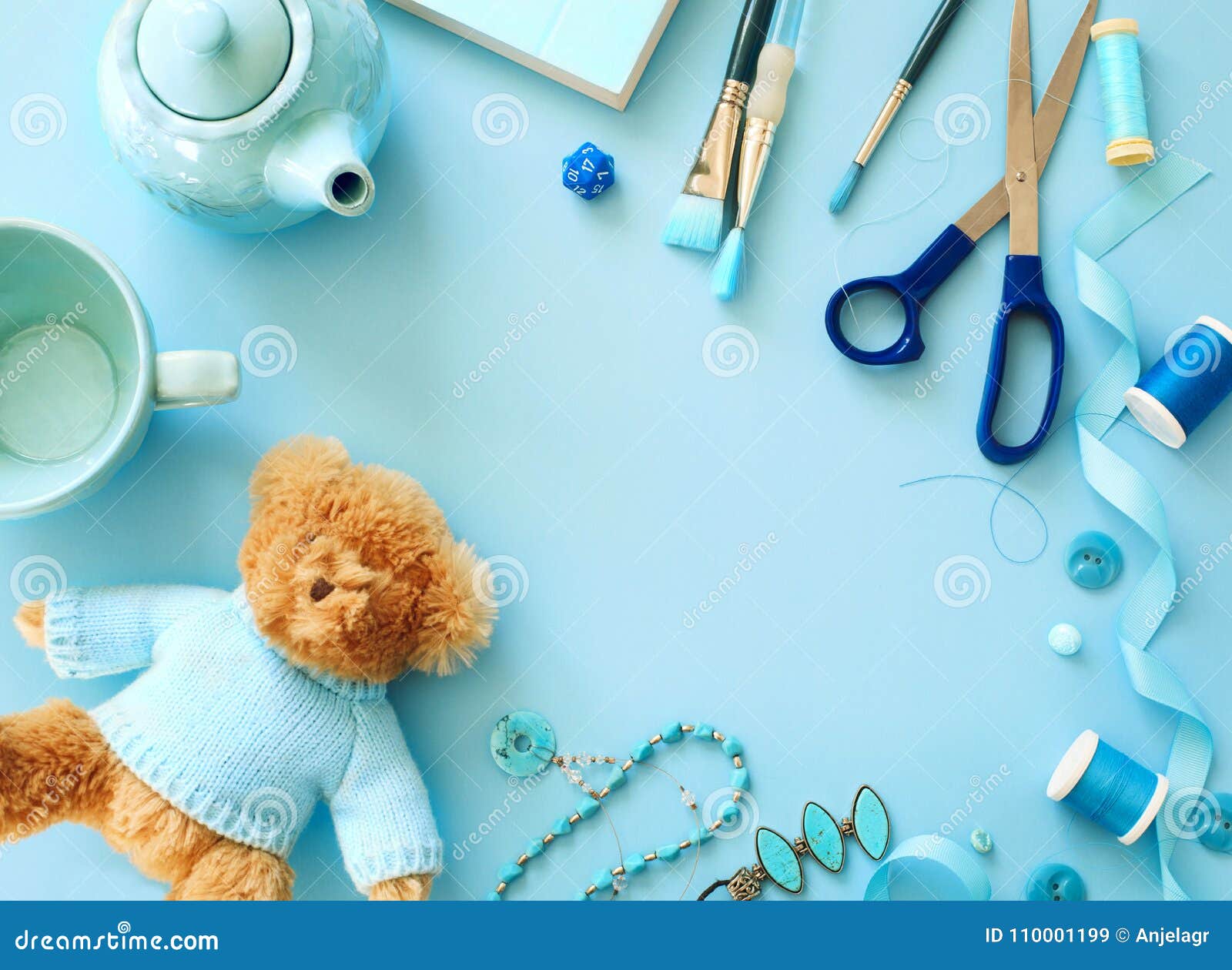 Flat Lay Blue Color Objects and Accessories Frame on Light Blue ...