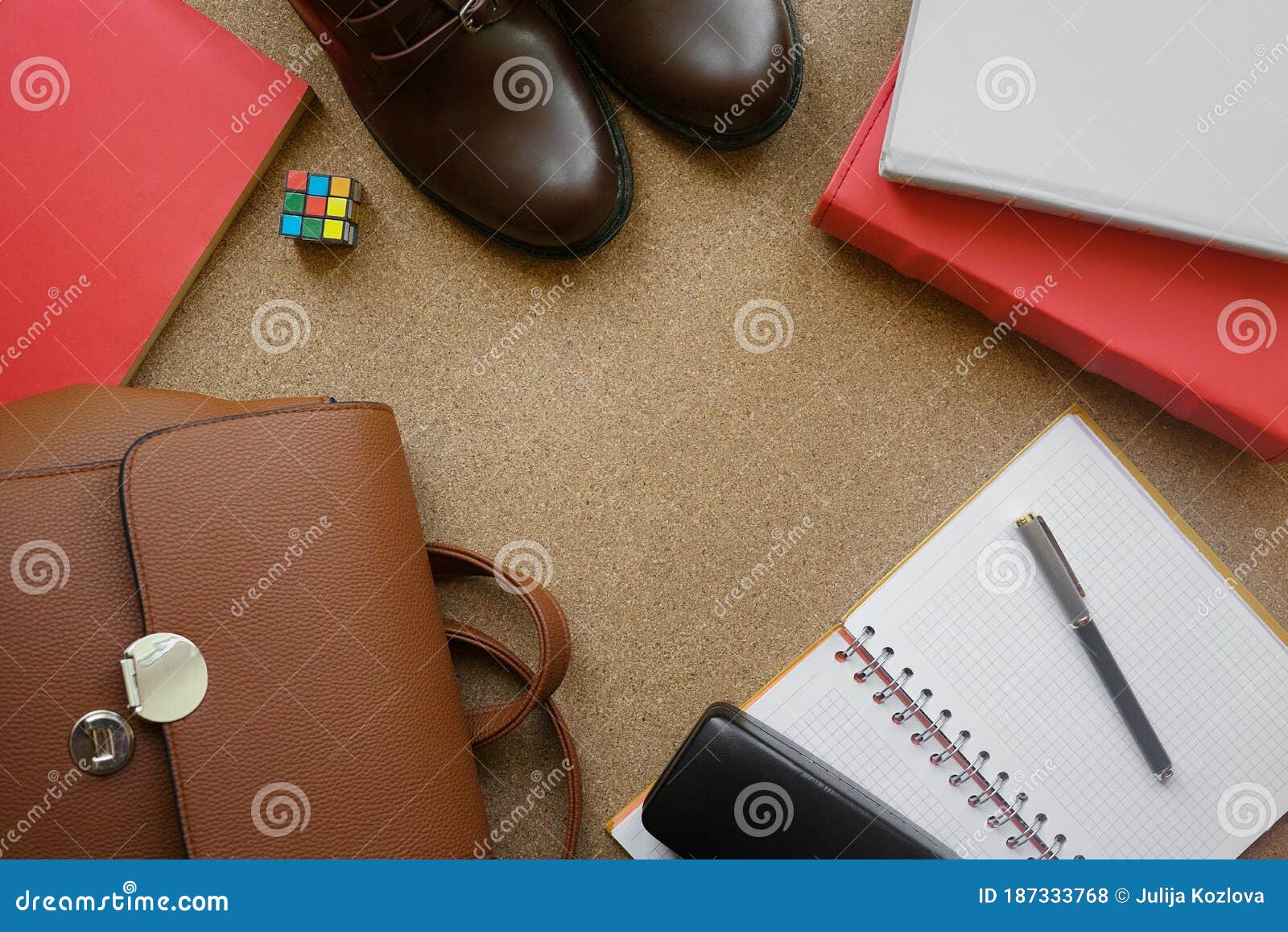 Flat Lay Books, Backpack, Notebook, Boots, Rubik`s Cube, Pen on the ...