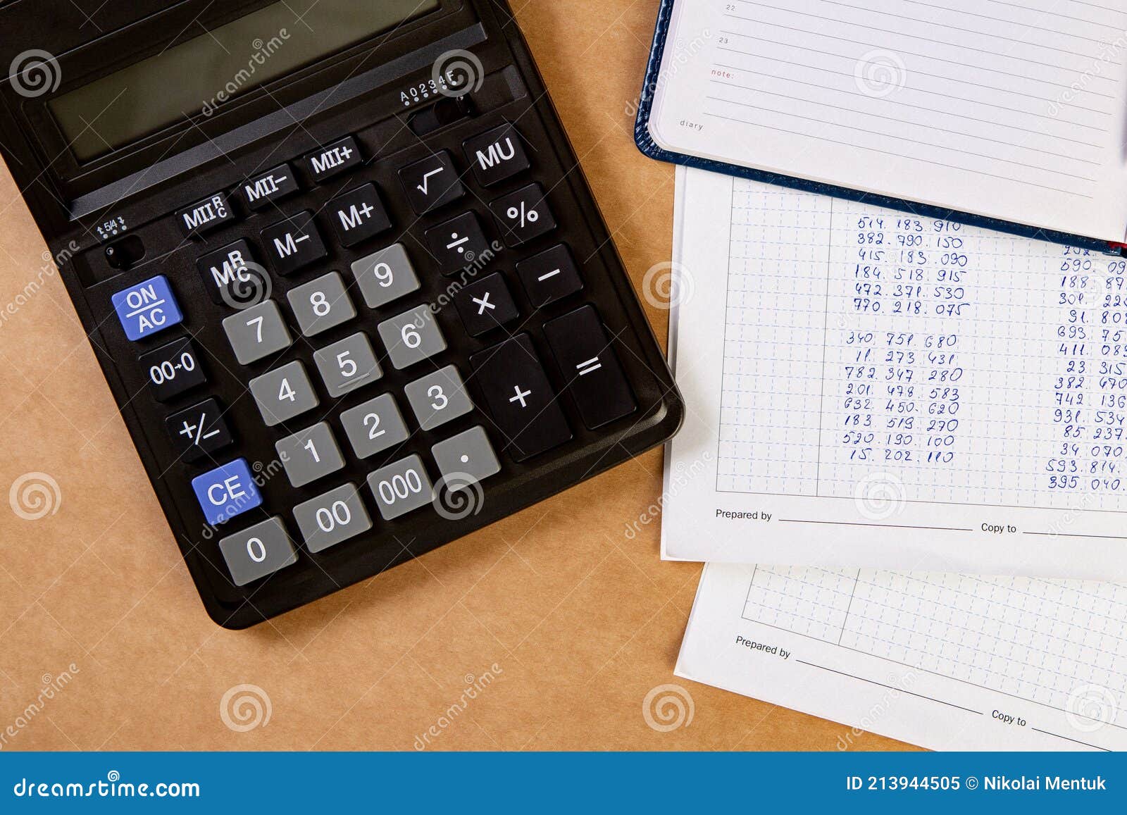 Flat Lay of Calculator with Dairy and Documents on the Table Stock ...