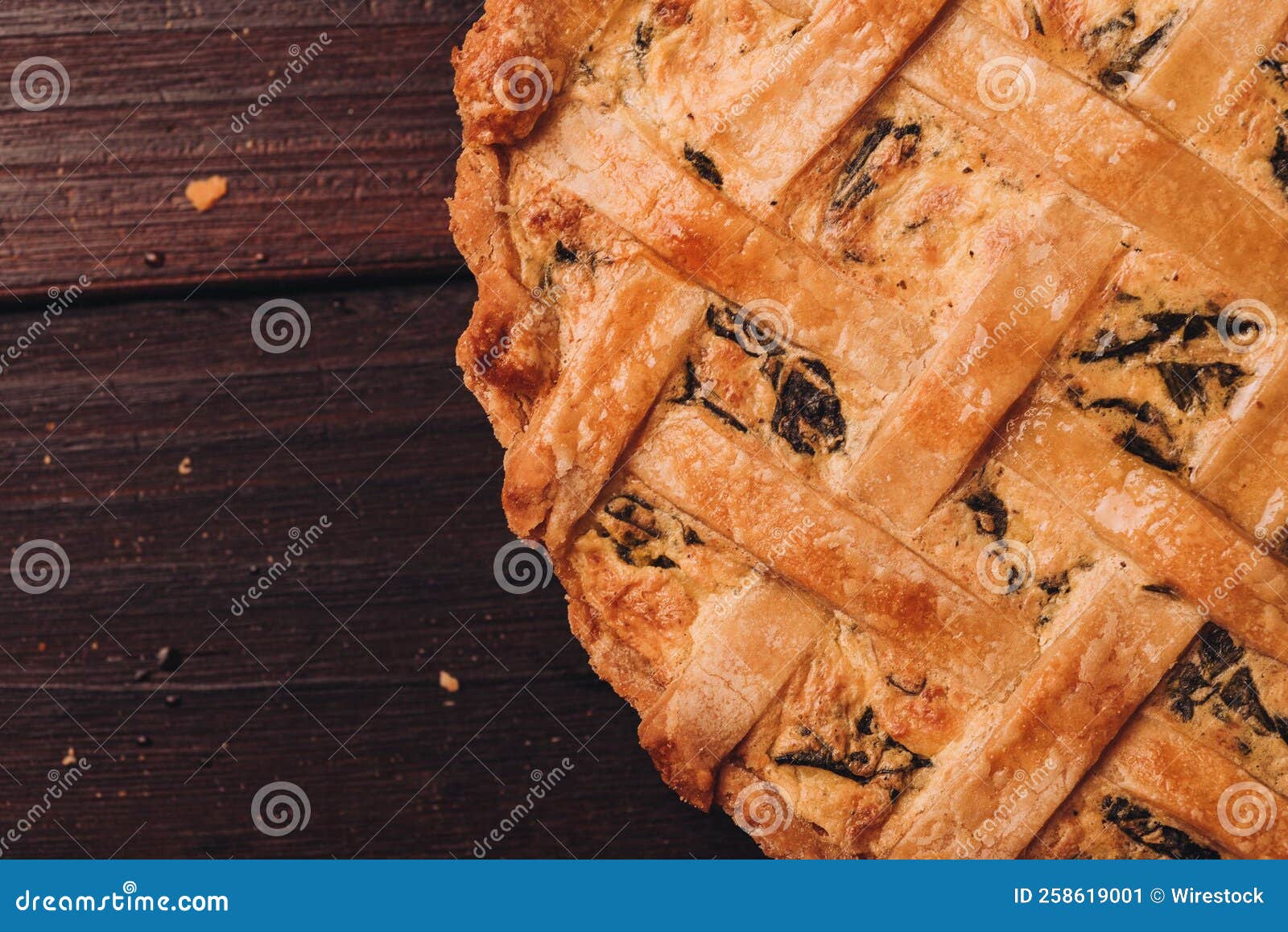 Flat Lay Closeup of a Baked Lattice Pie on a Dark Table with Text Space ...