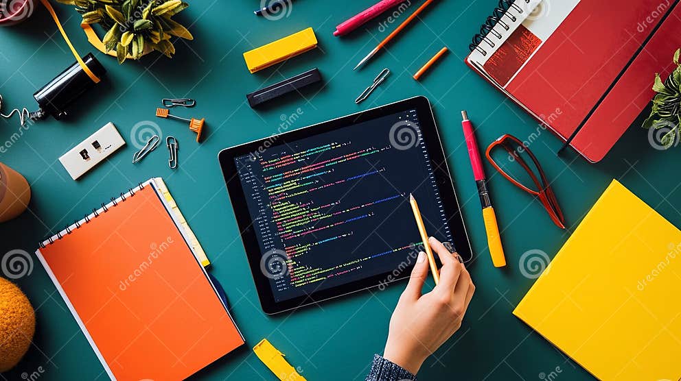A Flat Lay of Coding Tools, Notebooks, and a Tablet Displaying a Programming Course. Digital ...