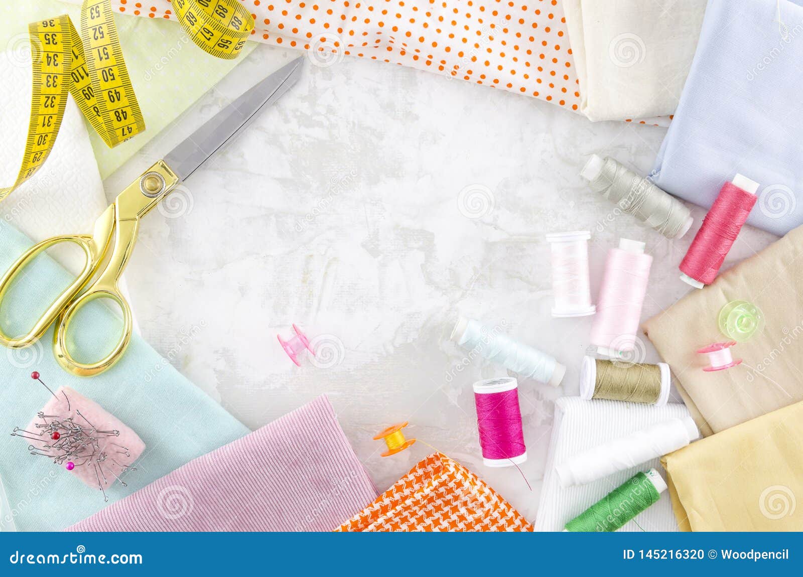 Flat Lay Colorful Tailoring Objects on a White Background. Space for ...