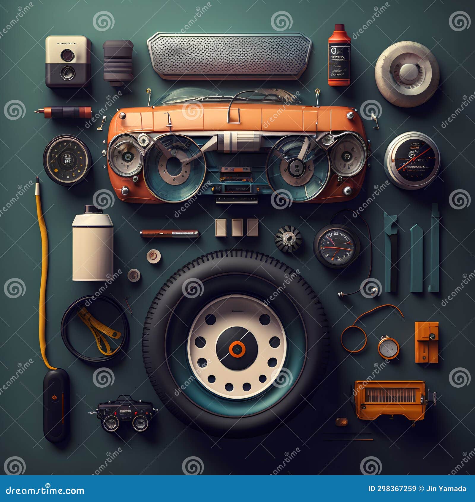 Flat Lay Composition with Auto Parts and Accessories on Dark Green ...