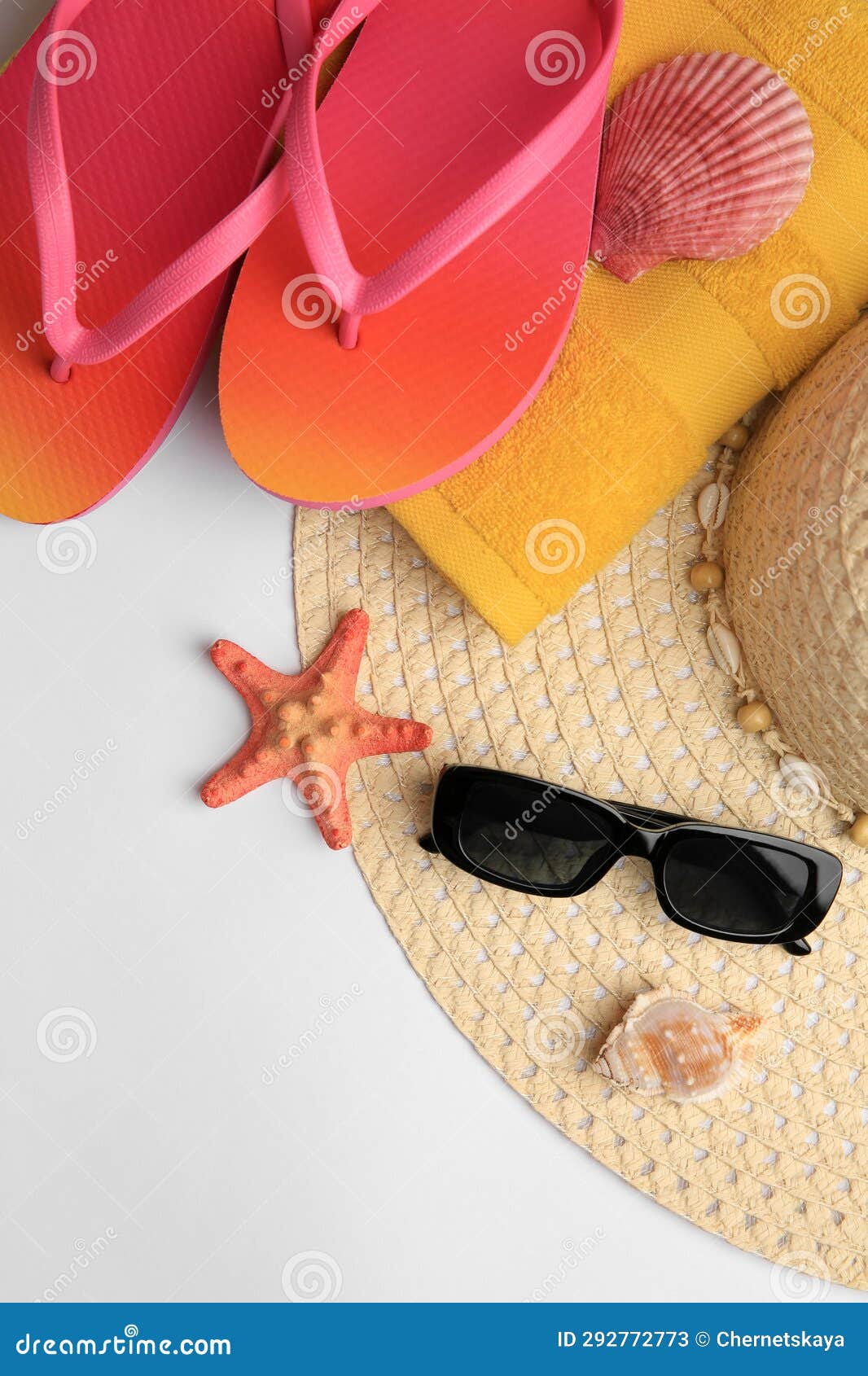 Flat Lay Composition with Beach Accessories on White Background Stock ...