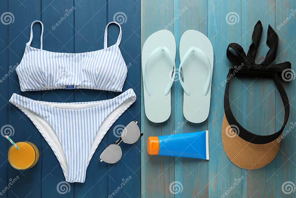Flat Lay Composition with Beach Objects on Blue Wooden Background Stock ...