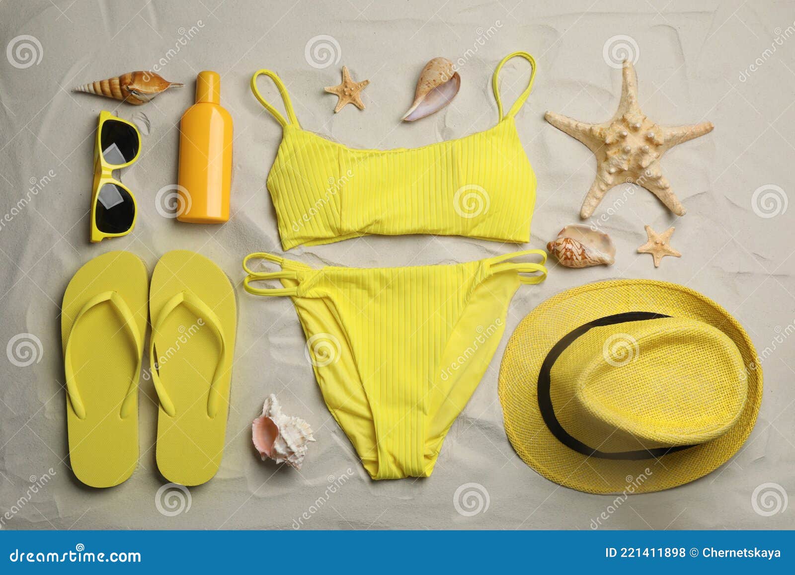 Flat Lay Composition with Beach Objects on Sand Stock Photo - Image of ...