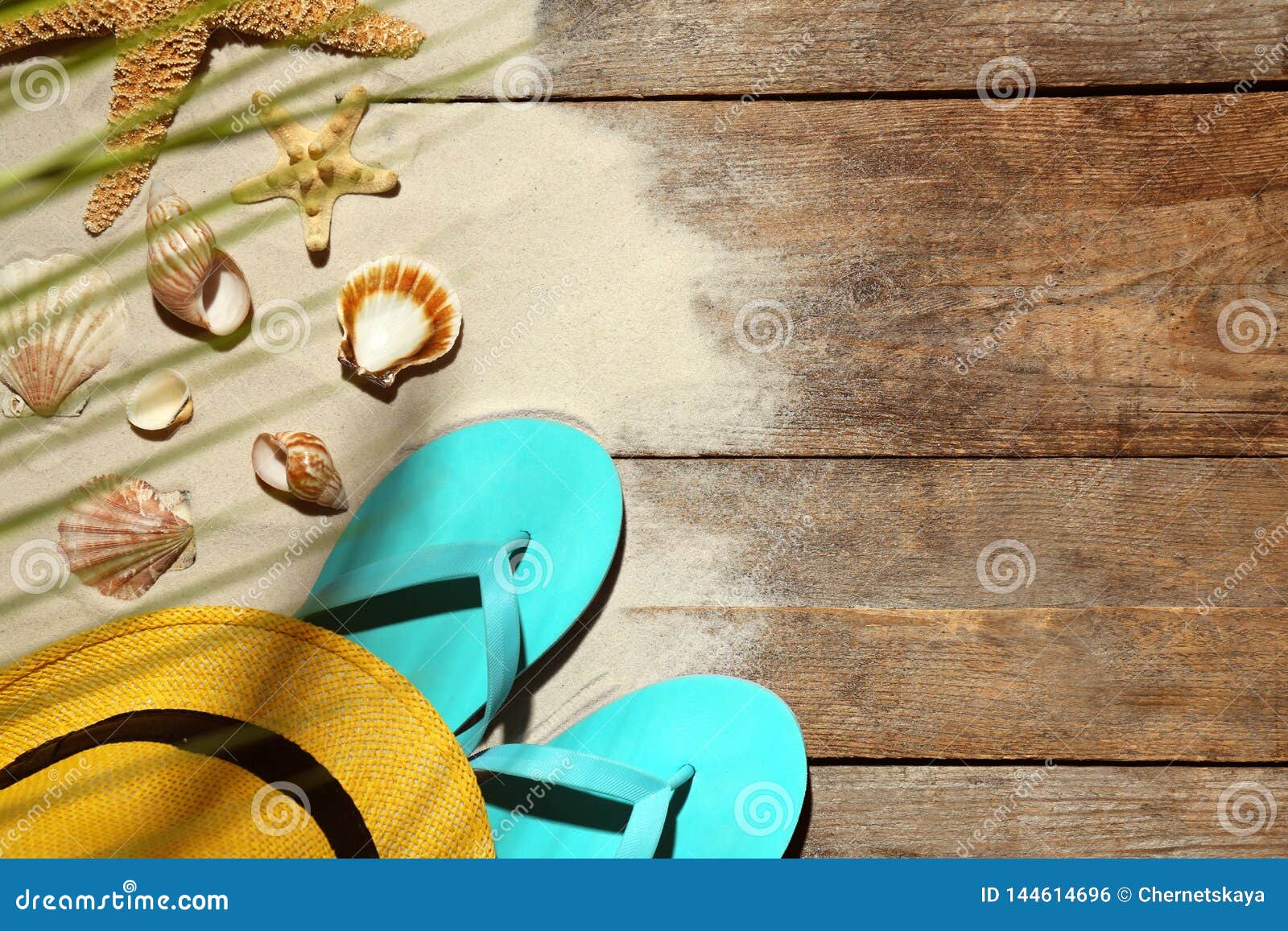 Flat Lay Composition with Beach Objects, Sand and Space for Text Stock ...