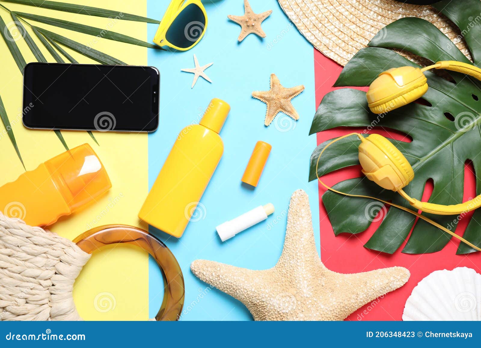 Flat Lay Composition with Beach Objects and Smartphone on Color ...