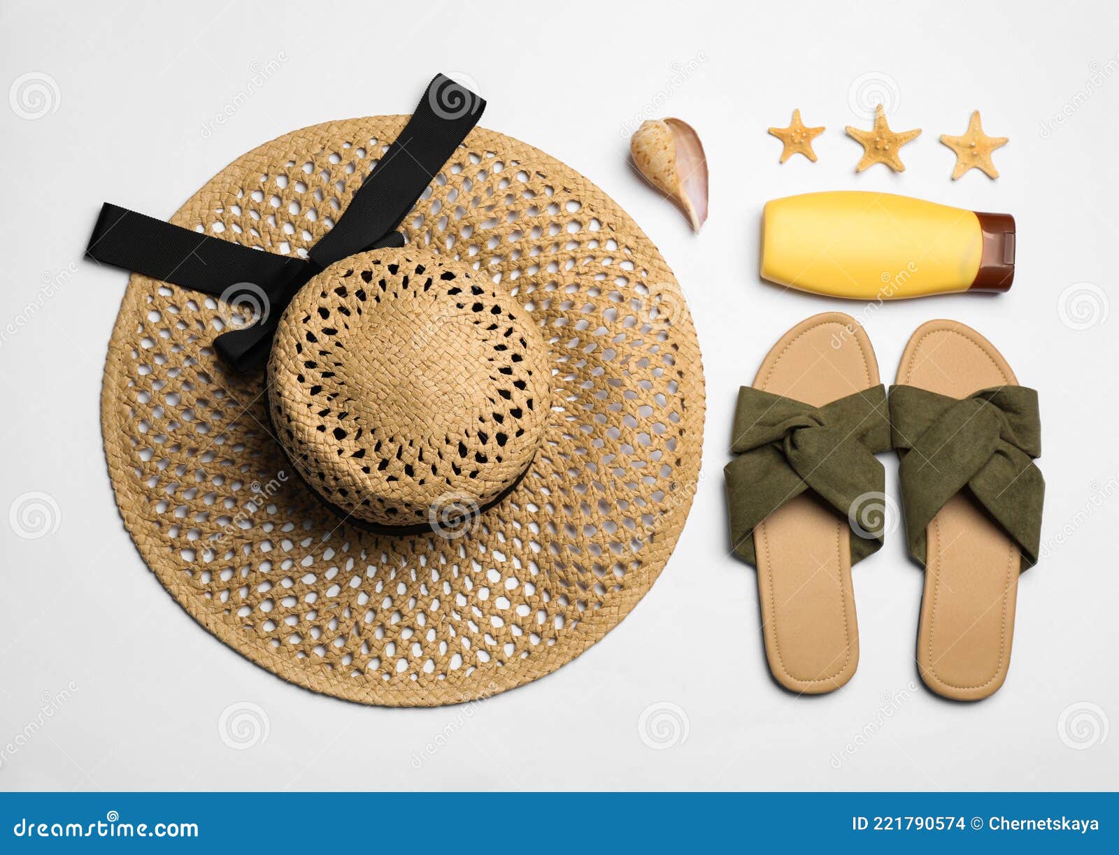 Flat Lay Composition with Beach Objects on White Stock Photo - Image of ...