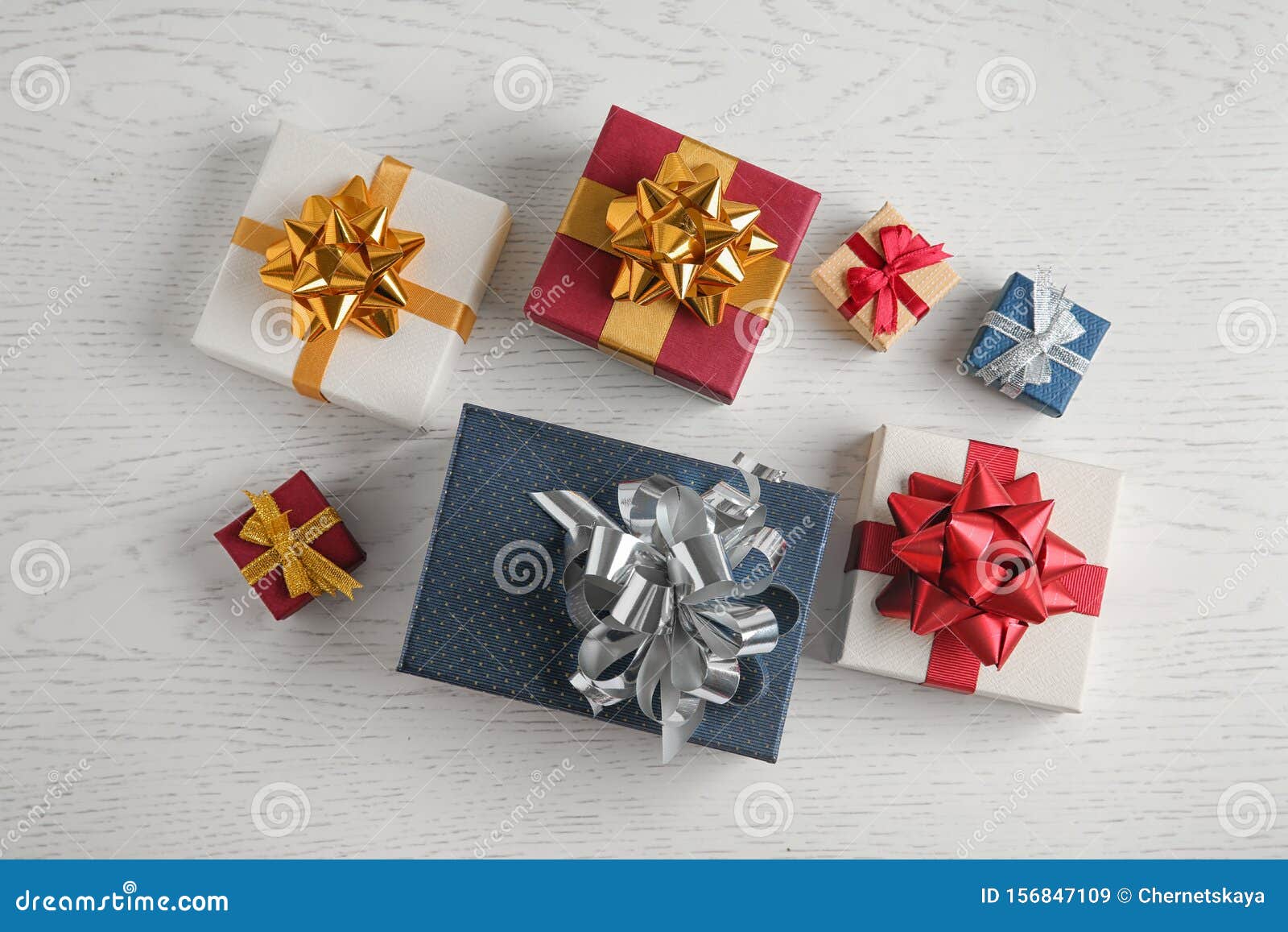 Flat Lay Composition with Gift Boxes on White Wooden Table Stock Image ...