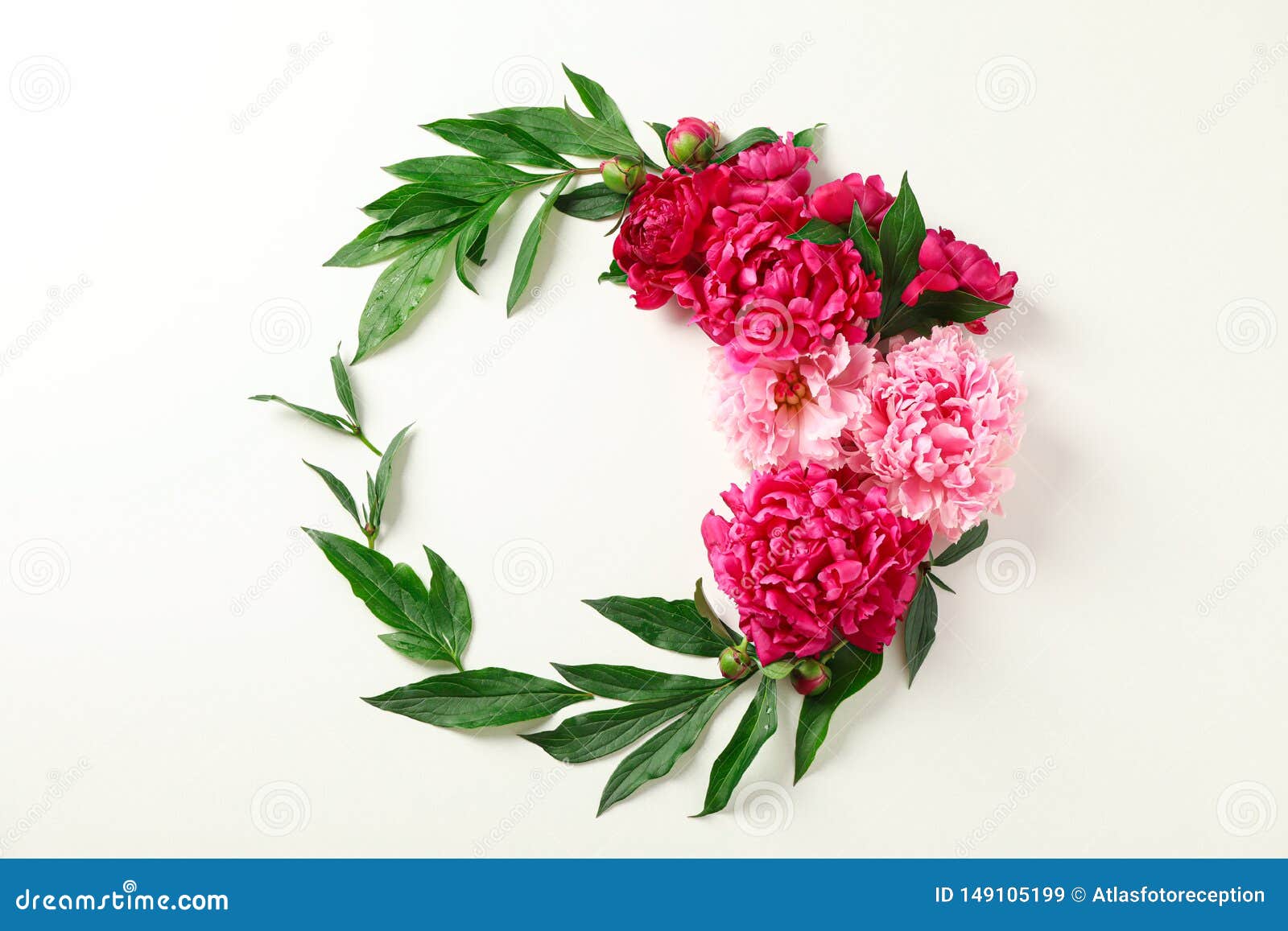 Flat Lay Composition with Beautiful Peonies and Stately Green Leaves on ...