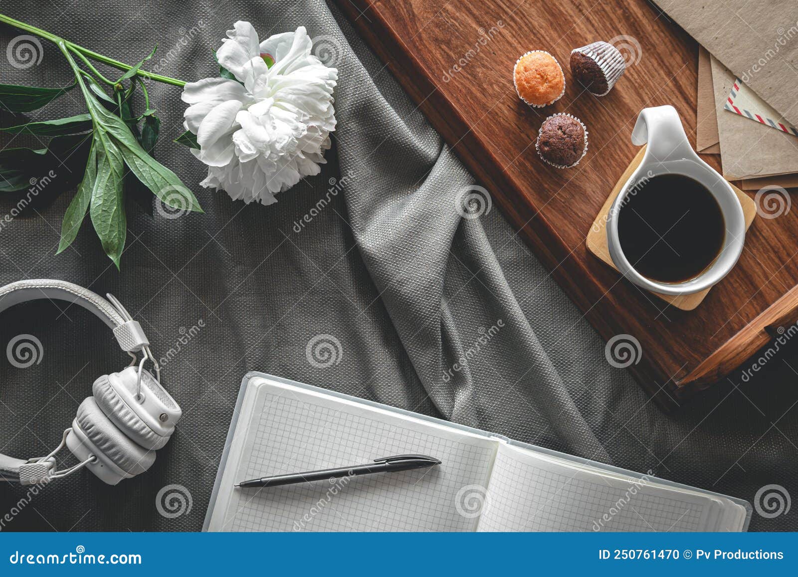 Flat Lay Composition in Bed, with Coffee and Notepad. Stock Photo ...