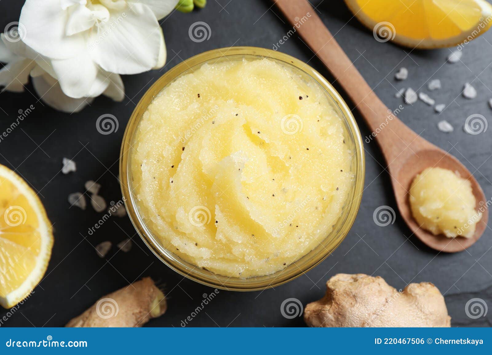 Flat Lay Composition with Body Scrub on Black Table Stock Photo - Image ...