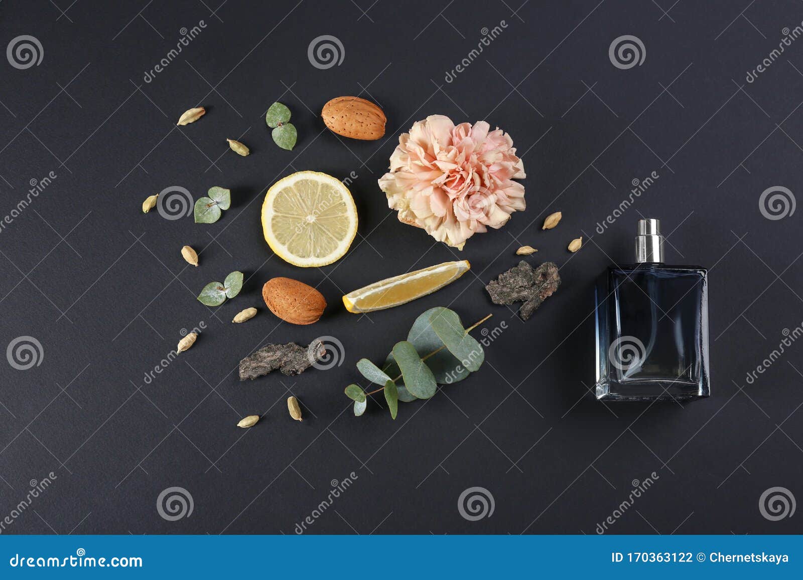 Flat Lay Composition with Bottle of Perfume on Black Background Stock ...