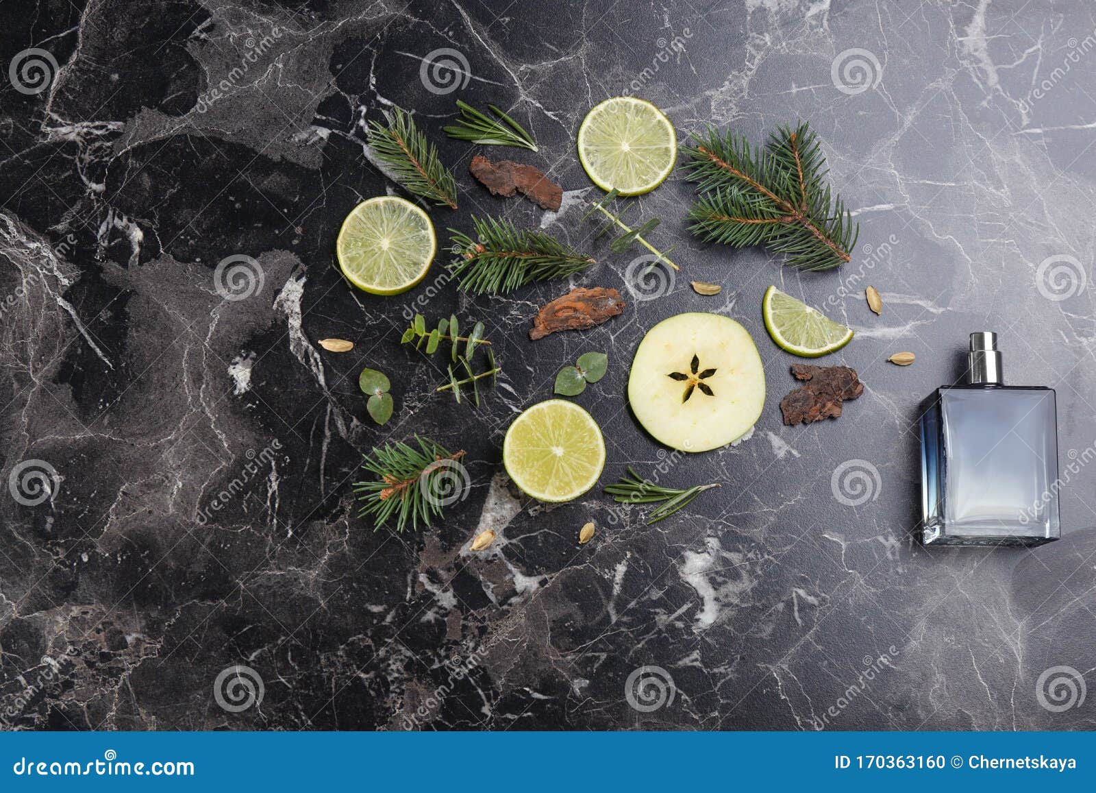 Flat Lay Composition with Bottle of Perfume on Black Marble Background ...