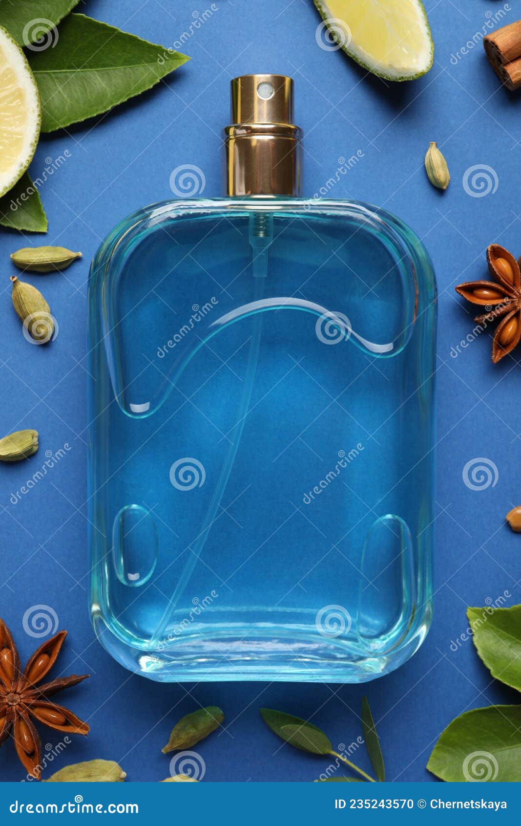 Flat Lay Composition with Bottle of Perfume and Fresh Citrus Fruit on ...