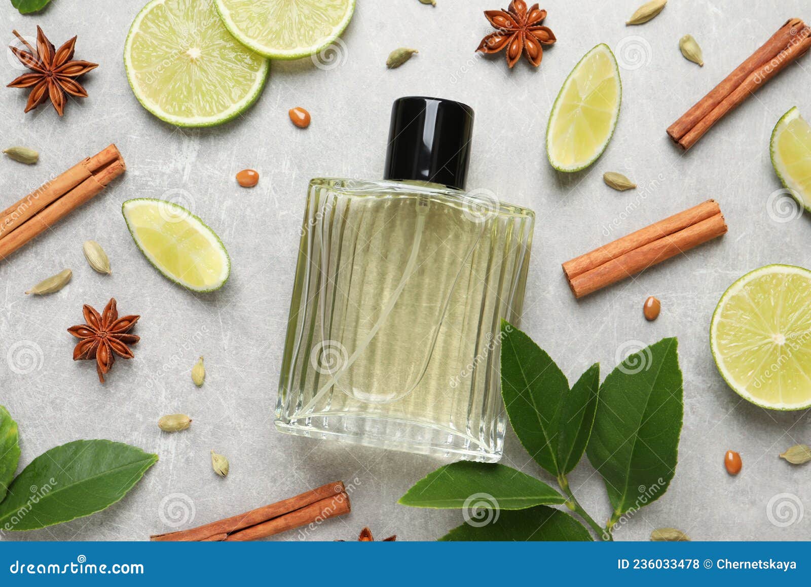 Flat Lay Composition with Bottle of Perfume, Lime and Spices on Light ...