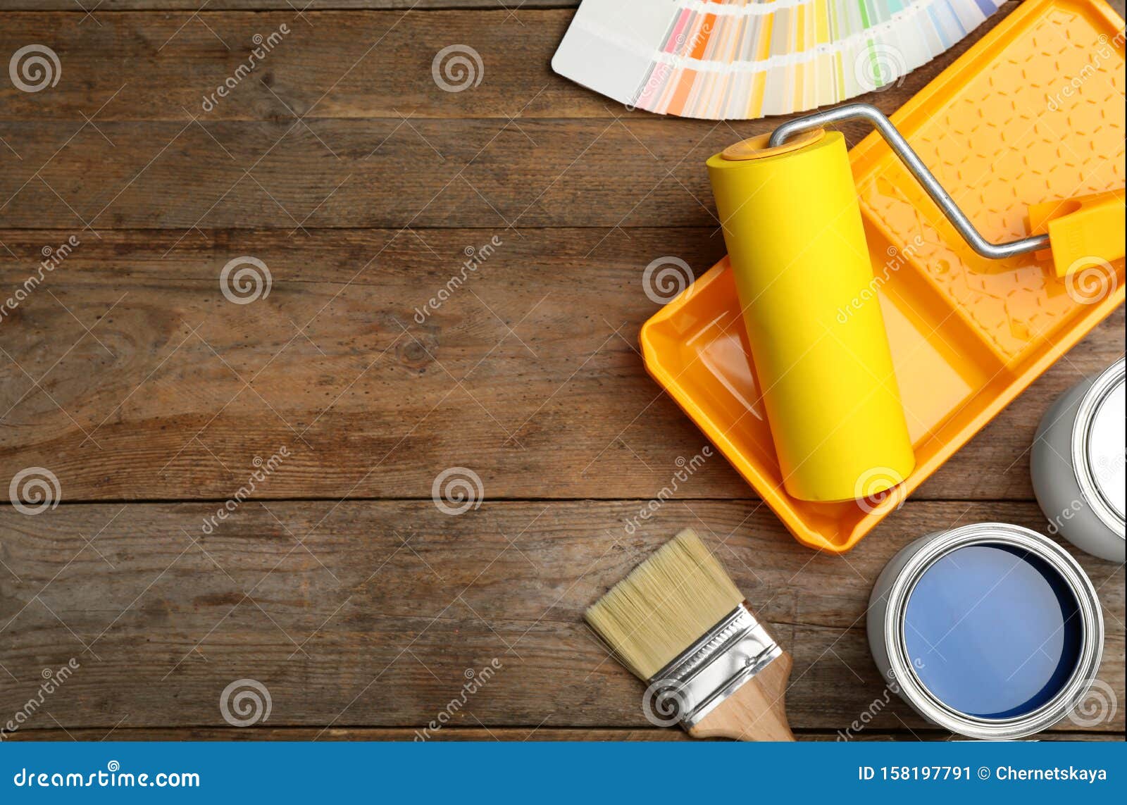 Flat Lay Composition with Can of Paint, Brush and Renovation Tools on ...
