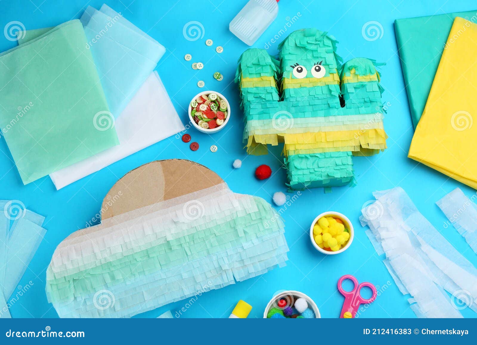 Flat Lay Composition with Cactus and Cloud on Light Blue Background ...
