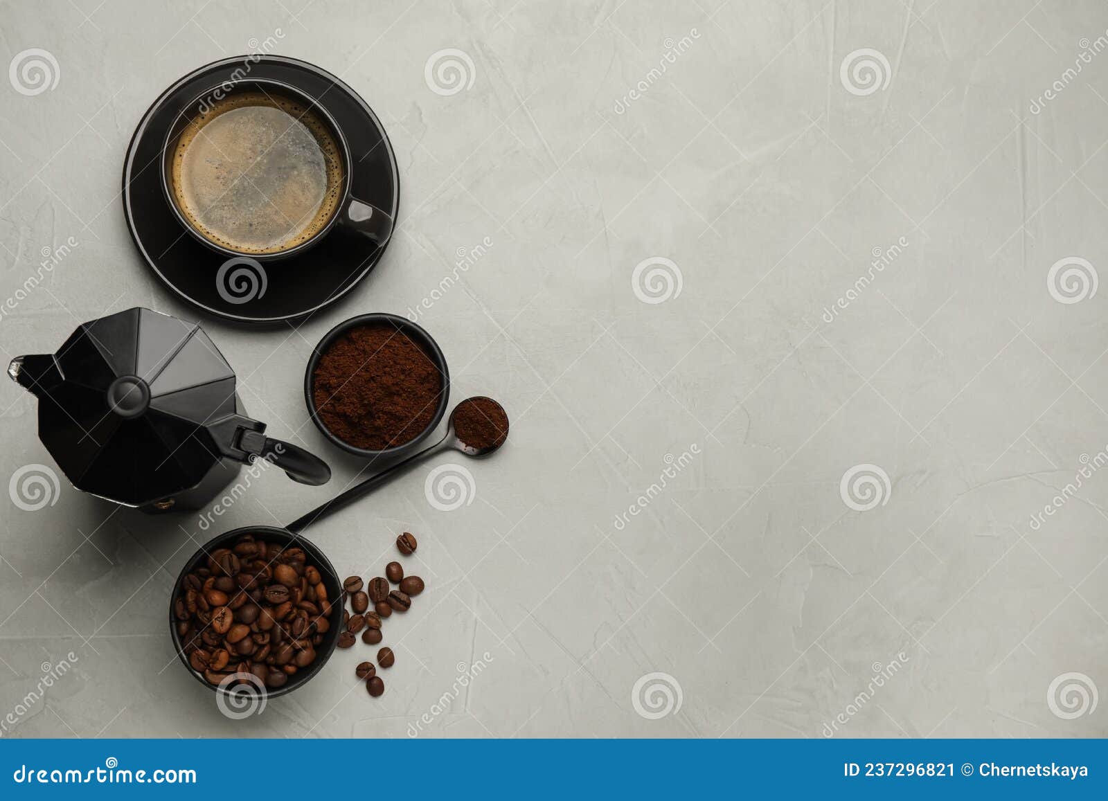 Flat Lay Composition with Coffee Grounds and Roasted Beans on Light ...