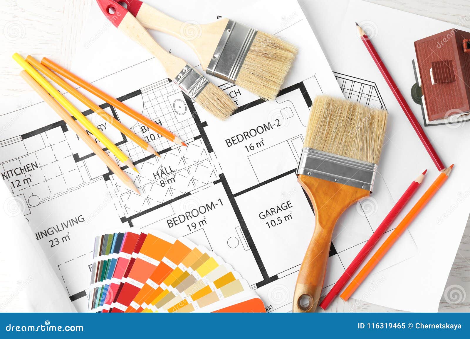 Flat Lay Composition with Color Palette, House Plan Stock Illustration ...