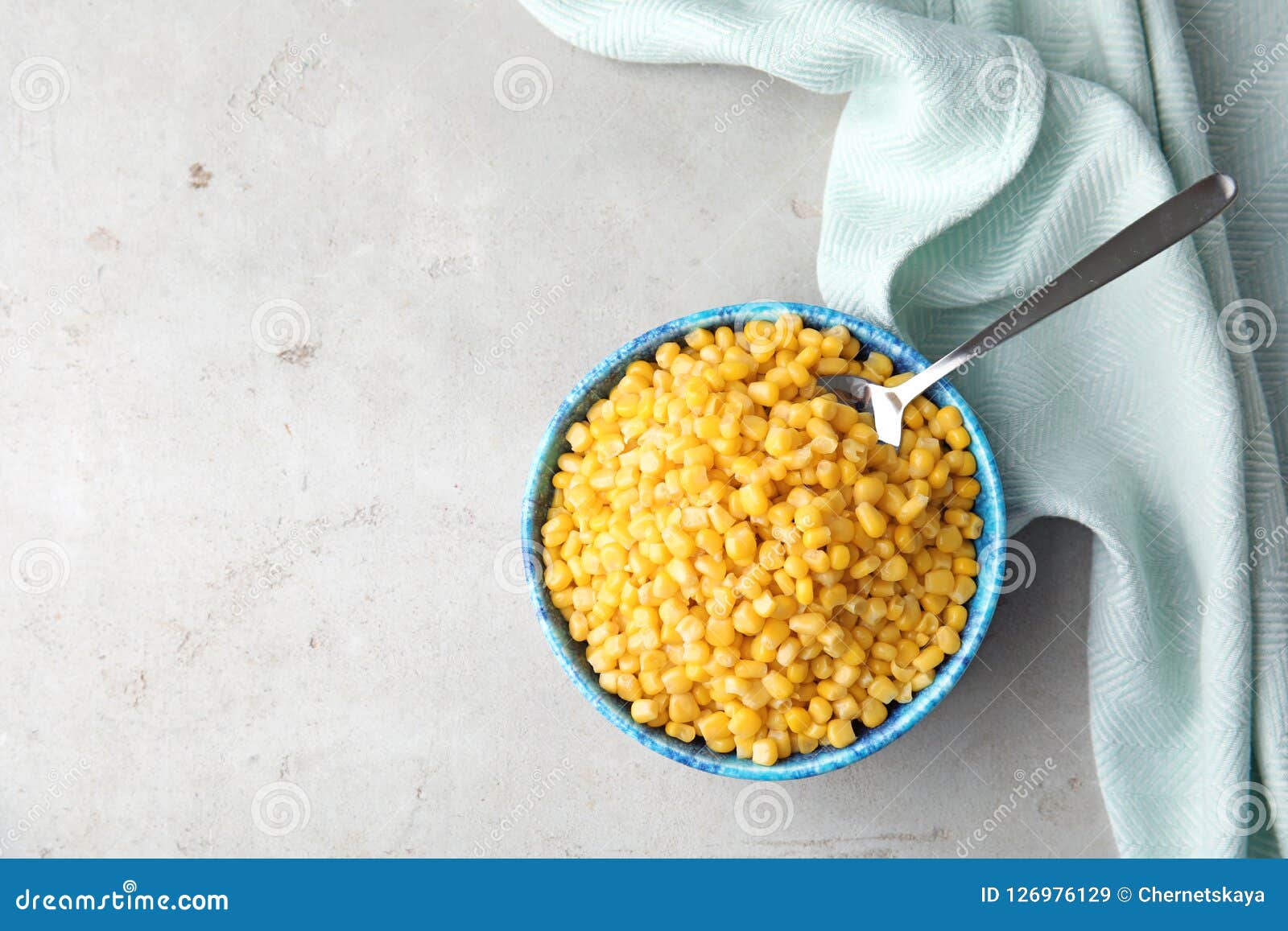 Flat Lay Composition with Corn Kernels in Bowl on Grey Background Stock ...