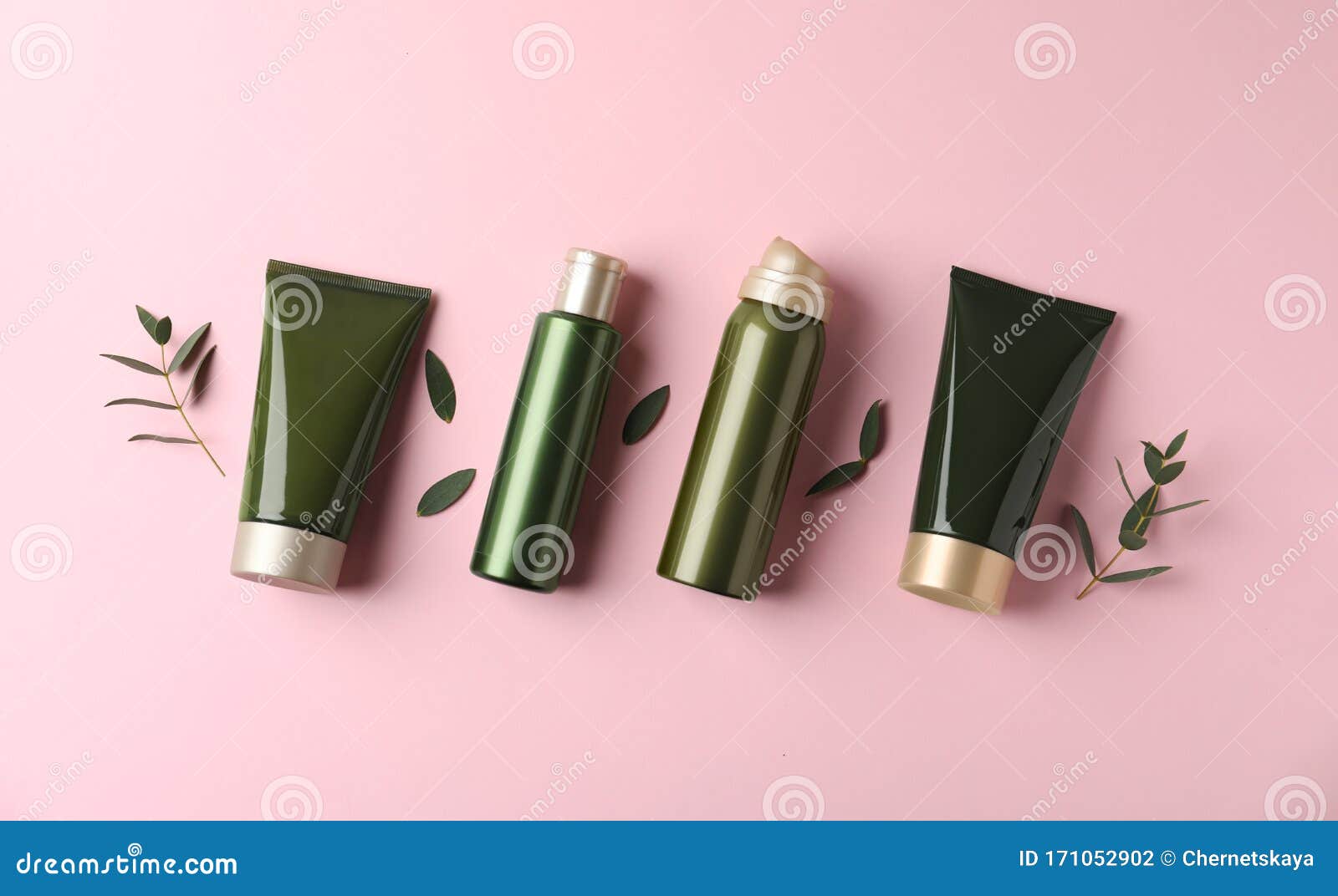Flat Lay Composition with Cosmetic Products and Leaves on Background ...