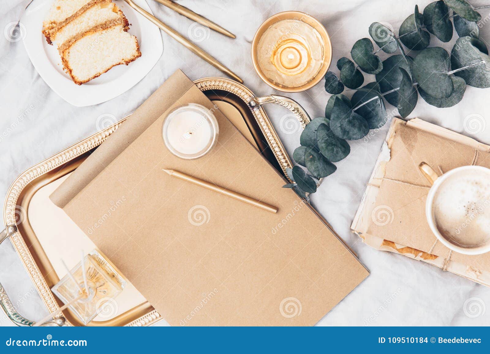 Flat Lay Composition with Craft Notepad with Copy Space. Stock Photo ...
