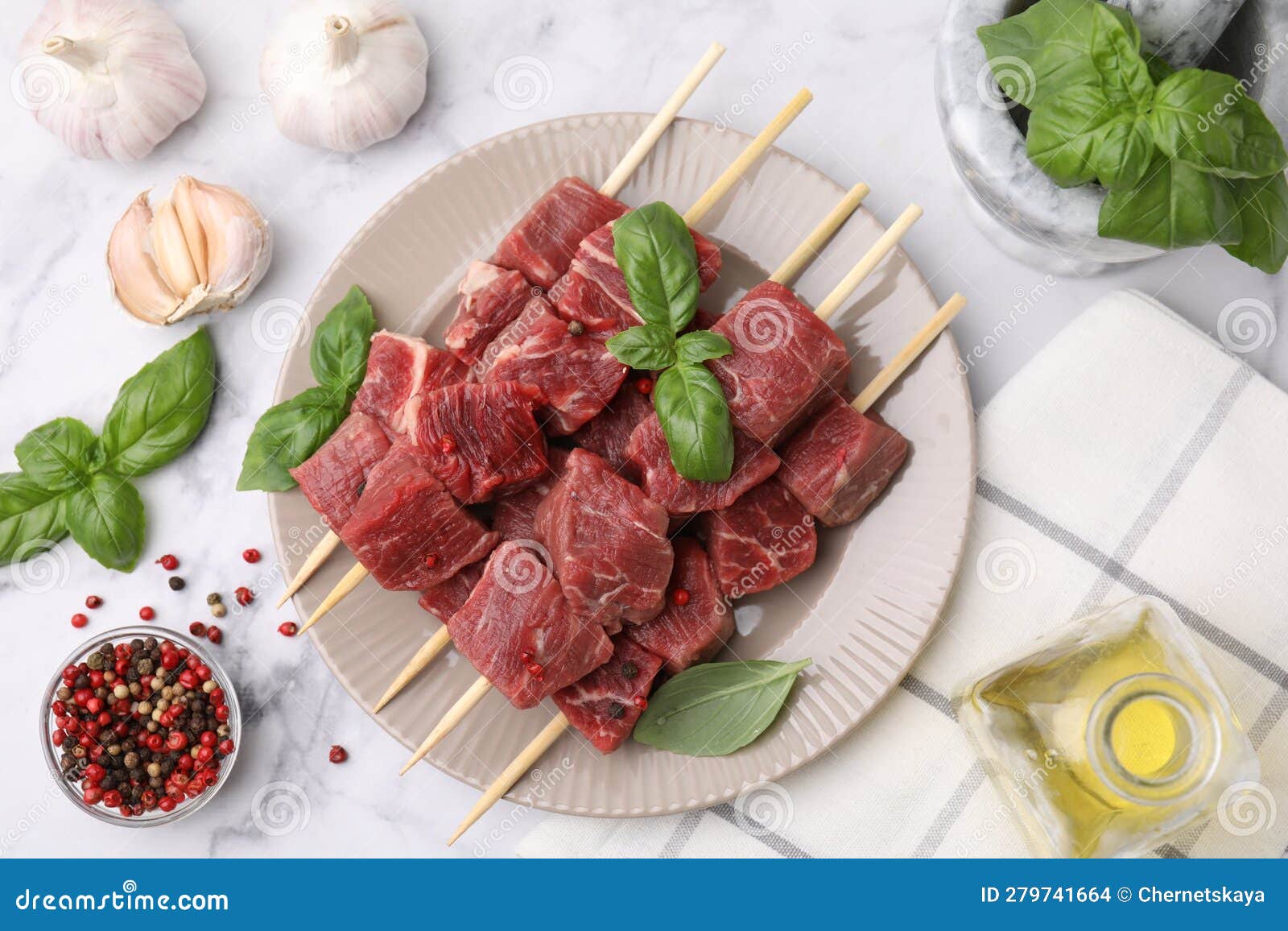 Flat Lay Composition with Cut Fresh Beef Meat on White Marble Table ...