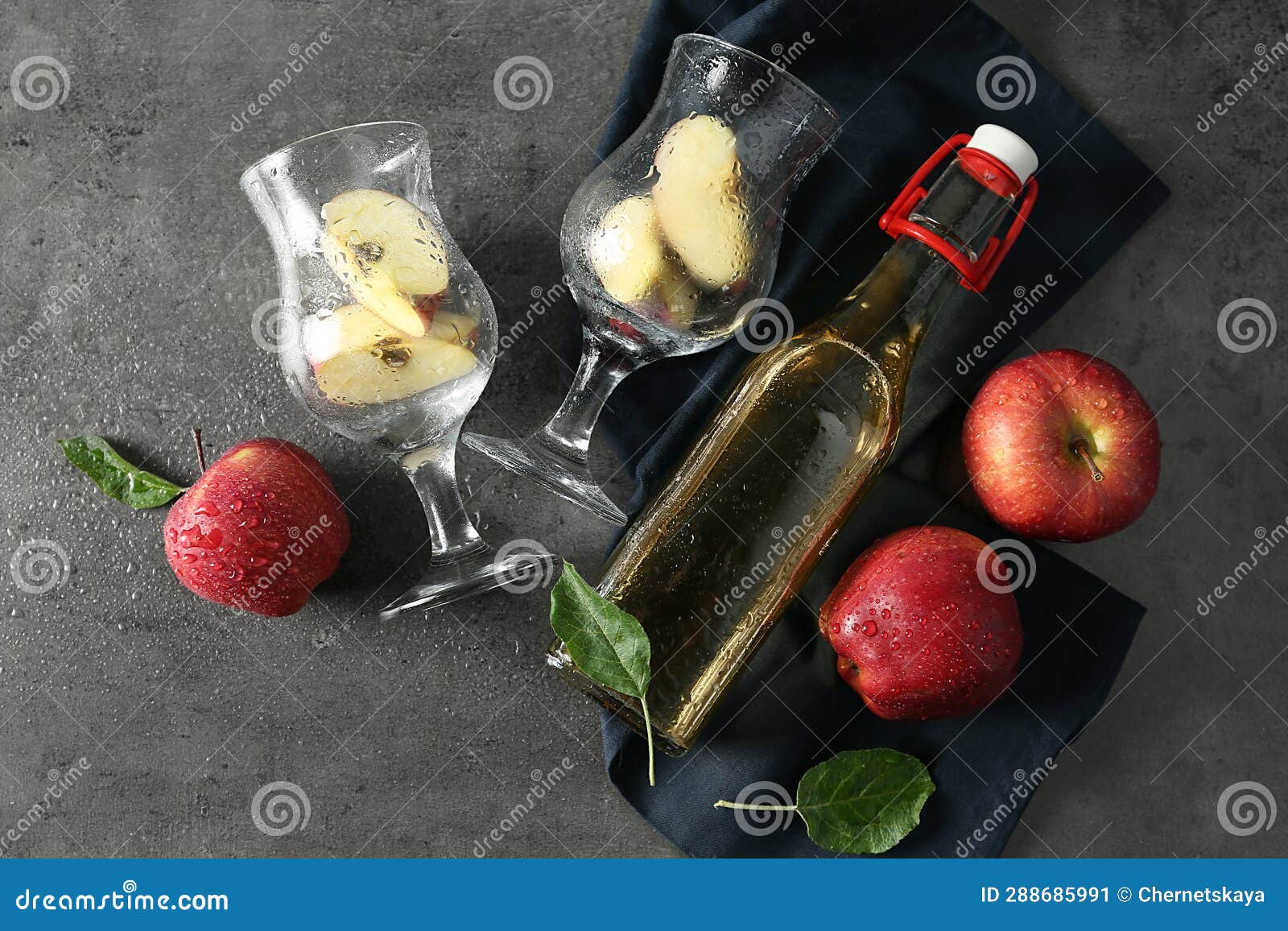 Flat Lay Composition with Delicious Apple Cider on Gray Table Stock ...